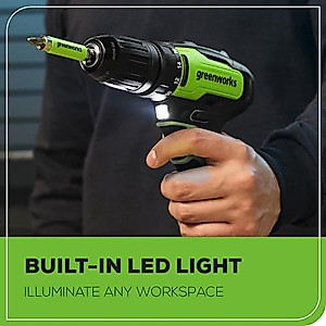 Greenworks 24V Brushless Cordless Drill Kit, 310 in./lbs, 18+1 Position Clutch, 1/2 '' Keyless Chuck, Variable Speed, (2)2Ah Batteries with 2A Charger, LED Light, 8pcs Drill Bits with Tool Bag