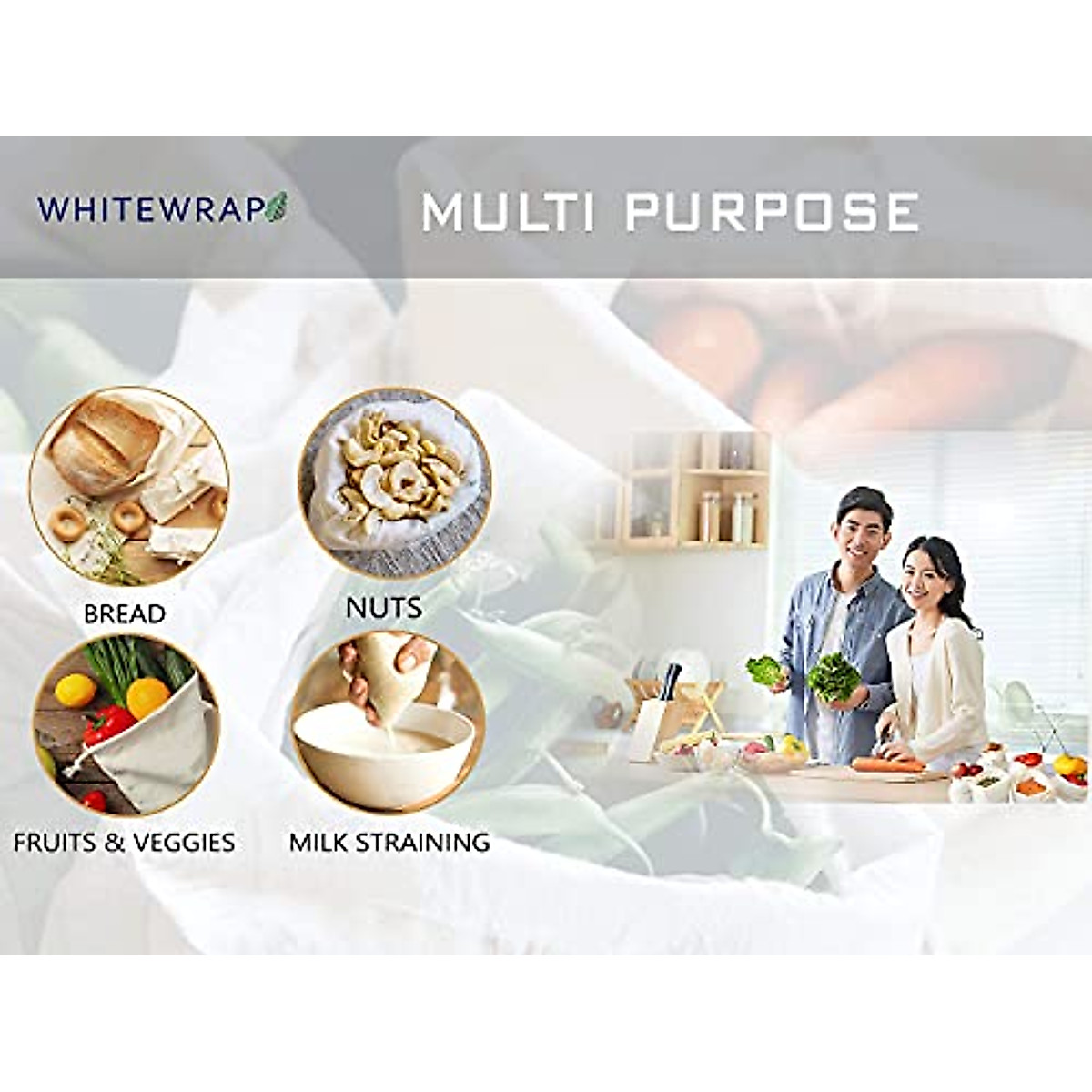 WHITEWRAP Reusable Produce Bags with Drawstrings | Mixed (S, M, L) |12-Pack |Eco Friendly Bags, Food Storage, Natural Cotton, Biodegradable Fabric Bags, Snack Bags, Cloth Bags, Gift Bag