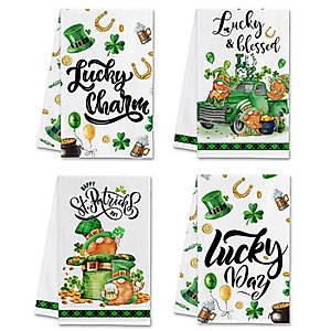 Hexagram St Patricks Day Kitchen Towels Set of 4, Happy St Patricks Day Dish Towels, Gnomes Green Hat St Patricks Day Decor, Hand Towels Housewarming Gifts for New Home