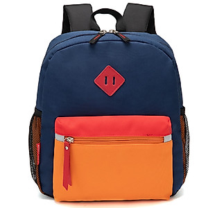 HawLander Preschool Kids Backpack 12 Inch, Toddler Backpacks for Boys with Chest Strap, Navy Orange