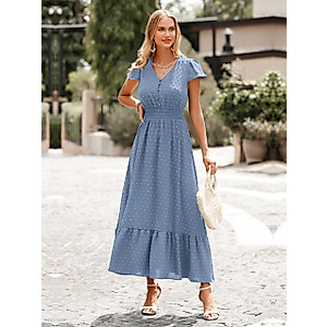 PRETTYGARDEN Womens 2024 Spring Swiss Dot Maxi Dress Short Sleeve V Neck Smocked Waist Ruffle Tiered Flowy Long Party Dresses(Grey Blue, Medium)