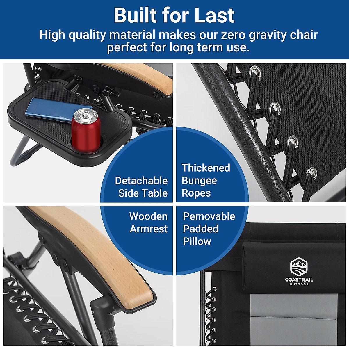 Coastrail Outdoor Zero Gravity Chair Oversized XXL 33.5" Patio Padded Reclining Lounger with Pillow, Side Table for Camping, Lawn, Garden Black/1pack