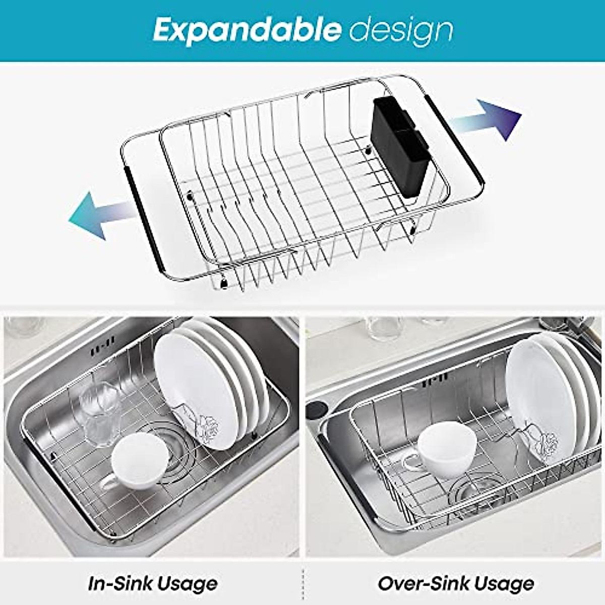 KESOL Expandable Over The Sink Dish Drying Rack / Dish Rack in Sink with Utensil Holder | 304 Stainless Steel Dish Racks for Kitchen Counter | Rustproof Dish Drainer / Sink Drying Rack - Small