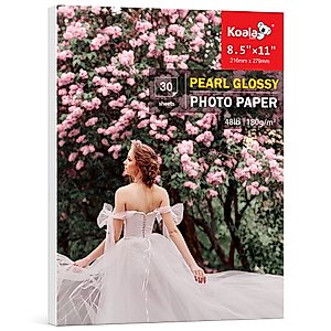 Koala Pearl Glossy Photo Paper 8.5X11 Inches 48LB 30 Sheets Shiny for Inkjet and Laser Printer Use DYE INK 180GSM