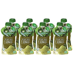 Happy Baby Organics Stage 2 Baby Food Pouches, Gluten Free, Vegan & Healthy Snack, Clearly Crafted Fruit & Veggie Puree, Pears Kale & Spinach, 4 Ounces (Pack of 8)