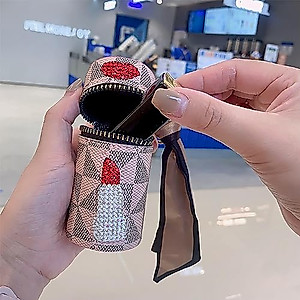 RILOST 2Pcs Lipstick Case, Leather Diamond Lip Gloss Lipstick Organizer, Keychain Mini Lipstick Holder Bag, Girls Travel Lipgloss Makeup Storage for Lipstick Lip Gloss Cosmetics (Brown, Pink)