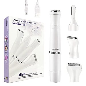 Zoushinn Electric Razor for Women, 4-in-1 USB Cordless Electric Shaver, IPX4 Waterproof Wet & Dry Use Lady Bikini Pubic Hair Trimmer, Painless Eyebrow Trimmer and Facial Hair Removal, Body Razor