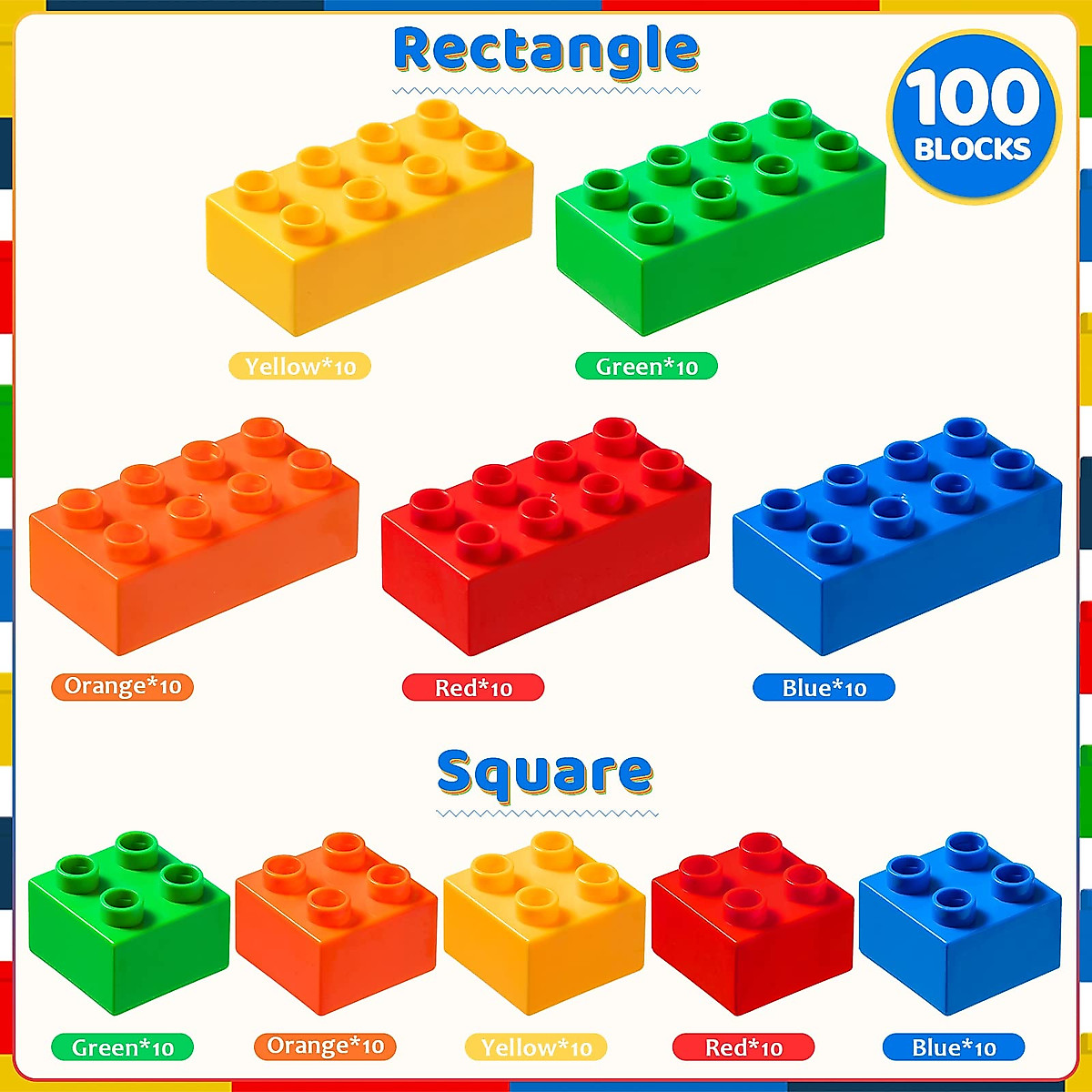 JOYIN 100 Pcs Building Blocks, Building Bricks, Toddler Classic Basic Big Duplicate Blocks, 50 Square and 50 Rectangle Toys Set for Ages 2 3 4 5 Year Old Boys Girls Christmas Birthday Gift