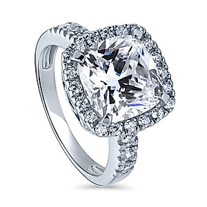 BERRICLE Sterling Silver Halo Wedding Engagement Rings Cushion Cut Cubic Zirconia CZ Statement Cocktail Ring for Women, Rhodium Plated Size 7.5
