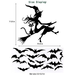 Lucleag 32 PCS Halloween Wall Stickers, Flying Witch on Broom Bats Wall Decals, Halloween Black Cat and Bat Decal Wall Stickers, Removable Vinyl Decal Stickers for Halloween Party Decoration