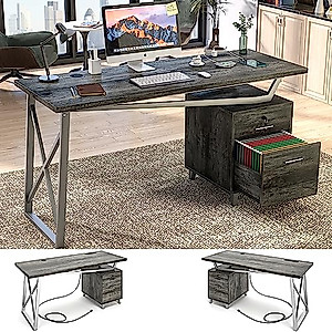 Homieasy Computer Desk with File Cabinet & Charging Station, Heavy Duty Home Office Executive Desk with Storage Drawers, Sturdy Spacious Workstation with Power Strip Cable Grommets, Black Oak