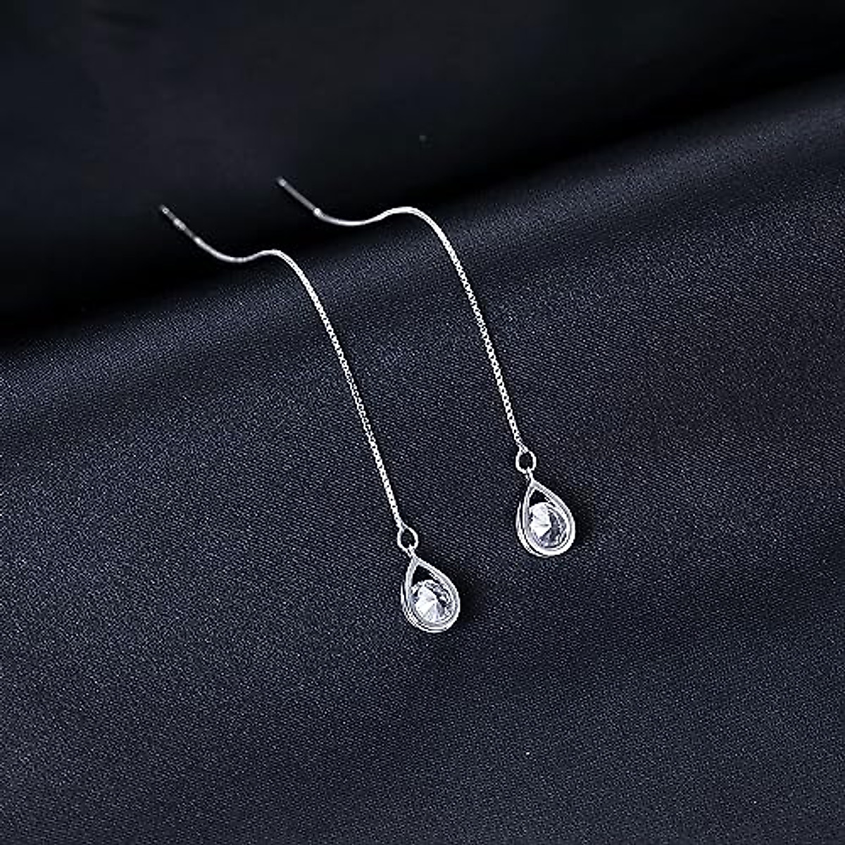 Reffeer Solid 925 Sterling Silver CZ Droplet Chain Dangle Earrings for Women Teen Girls Tassel Dangle Earrings Threader (A-Silver)