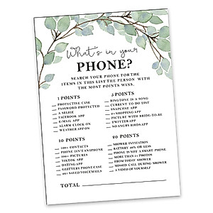 Inkdotpot 50-Pack Greenery Whats on Your Phone Bridal Shower Game Wedding Shower Bachelorette Party Bulk Activity Game Cards