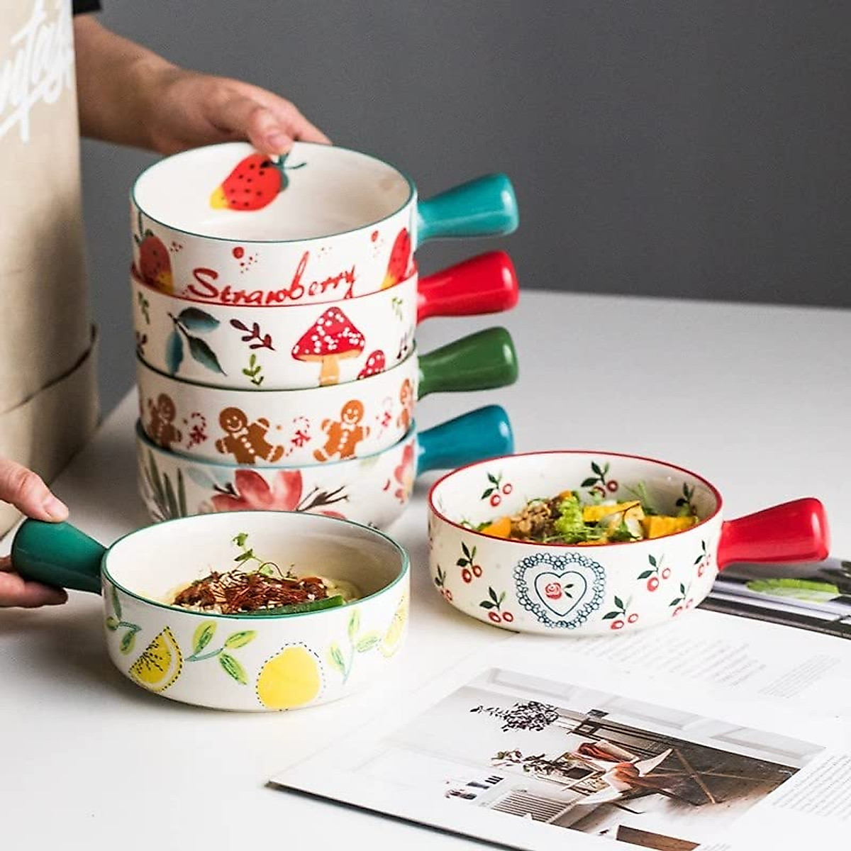 SHIIANN 22 Oz Ceramic Soup Bowl with Handles Set of 2, French Onion Soup Crocks, Porcelain 6 Inch Microwave and Oven Safe Bowls, Cherry hand-painted pattern