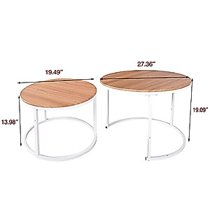 Round Nesting Coffee Table Modern Nesting Side Set of 2 End Table, for Living Room Balcony Garden, etc,Round Wooden Accent Coffee Table with Solid Powder-Coated Metal Frame (Teak)
