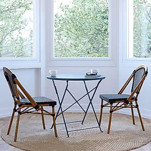 Merrick Lane Sacha Bistro Chair - Black & White Woven PE Seat and Back - Bamboo Finish Aluminum Frame - for Indoor/Outdoor Use - Set of Two