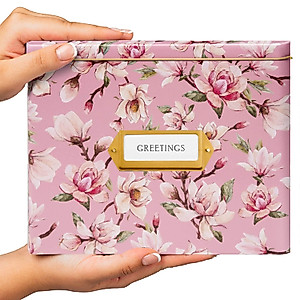 Jot & Mark Greeting Card Organizer Tin Box with Dividers, Cards, and Envelopes (Magnolia)