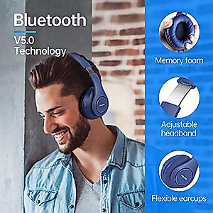 pollini Bluetooth Headphones Over Ear, Wireless Headset V5.0 with 6 EQ Modes, Soft Memory-Protein Earmuffs and Built-in Mic for iPhone/Android Cell Phone/PC/TV