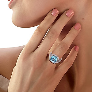 Jewelili Sterling Silver 10 MM Cushion Shape London Blue Topaz, Round White Topaz and 1.5 MM Round Emerald Stone on Both Side Halo Ring, Size 7