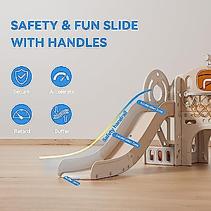 Toddler Slide, 8 in 1 Toddler Indoor Outdoor Playset with Slide, Climber, Basketball Hoop and Ball, Tunnel Crawl, Telescope and Storage Space, Kids Playground Sets for Backyards & Indoor (Coffee)