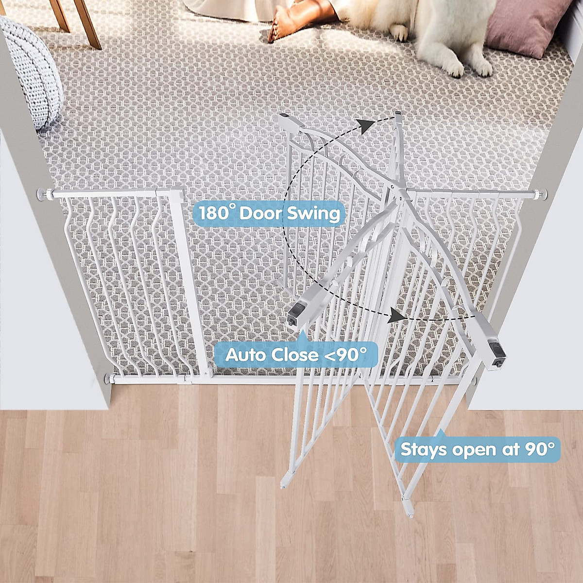 Baby Gate 29.5” to 53”, 30” Height Extra Wide Dog Gate for Stairs, Doorways and House, Auto-Close Safety Dog Gate for Pets, Pressure Mounted, White