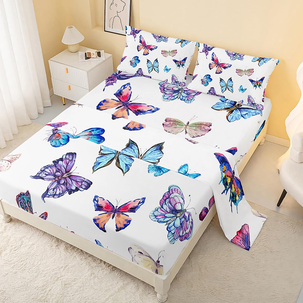 CVHOUSE Butterfly Fitted Sheet Queen Size,Butterfly Bedding Set,Colorful Butterfly Bed Sheet Set,1 Flat Sheet & 1 Fitted Sheet with 2 Pillow Cases - 4 Piece