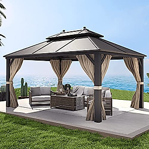 MELLCOM 10' x 13' Hardtop Gazebo, Galvanized Steel Metal Double Roof Aluminum Gazebo with Curtains and Netting, Brown Permanent Pavilion Gazebo with Aluminum Frame for Patios, Gardens, Lawns