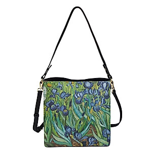 HUGS IDEA Van Gogh Iris Hobo Bag for Women with Adjustable Straps PU Leather Large Capacity Crossbody Handbags Shoulder Purse