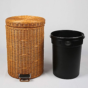 Nordic Creative Natural Rattan Trash Can Slow Down Silent Pedal Garbage Bin with Lid Fashion Country Style Wastebasket (Color : Yellow, Size : 8L)