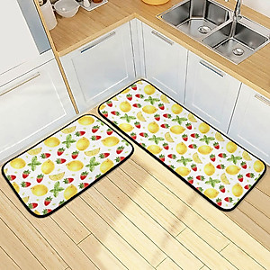 Strawberry Lemon Mint Kitchen Mats and Rugs, Summer Kitchen Floor Runner Bathroom Carpet Doormat Washable Rug 19.7x27.6 Inch + 19.7x47.2 Inch Perfect for Living Room Bedroom Entryway