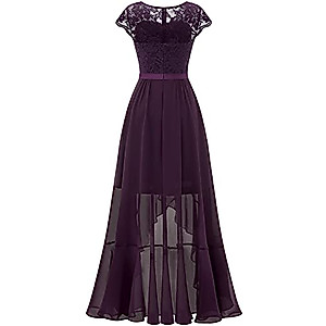 Daisyaner Women's V Neck Formal Floral Lace Bridesmaid Maxi Dress Evening Party Elegant Dresses Evening Prom Dress Grape S