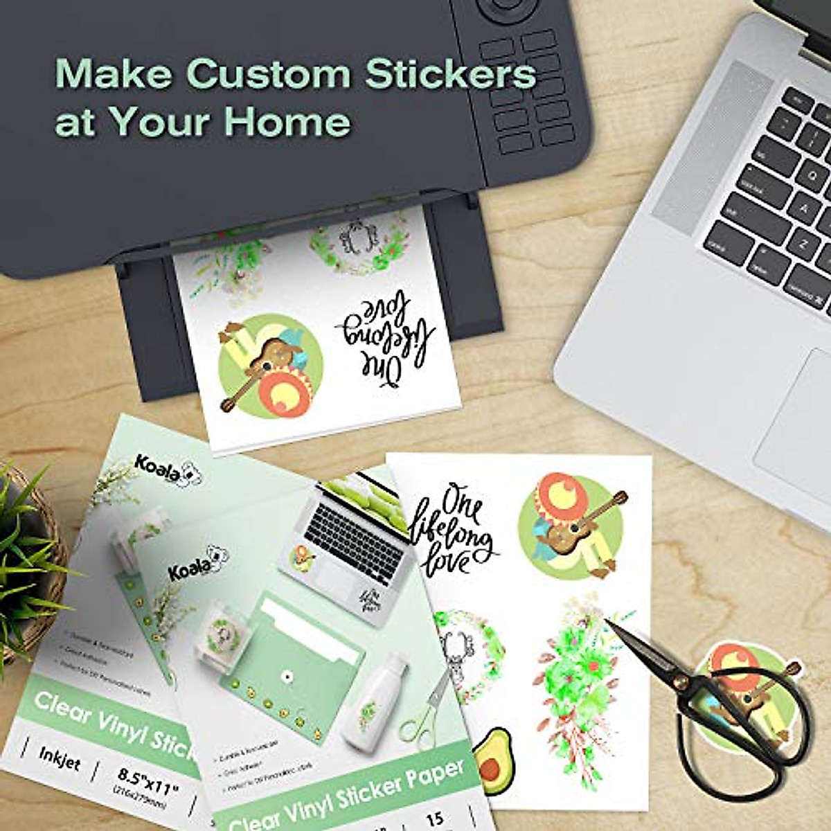 Koala Clear Sticker Paper for Inkjet Printer - Waterproof Clear Printable Vinyl Sticker Paper - 8.5x11 Inch 15 Sheets Transparent Glossy Sticker Paper for DIY Personalized Stickers, Labels, Decals