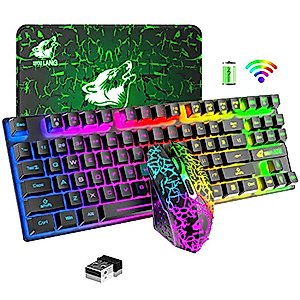 Wireless Gaming Keyboard and Mouse Combo,Rainbow Backlit Rechargeable 3800mAh Battery,87 Keys Mechanical Feel Ergonomic Waterproof Keyboard,RGB Gaming Mute Mouse and Mousepad for PC Gamers (Black)