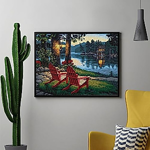 Stamped Cross Stitch Kits for Adults Beginners Evening Lake Forest Rest Time Pattern 11CT Pre-Printed Fabric Embroidery Arts and Crafts Kit Needlepoint Starter DIY Wall Decor, 16 x 20 inch