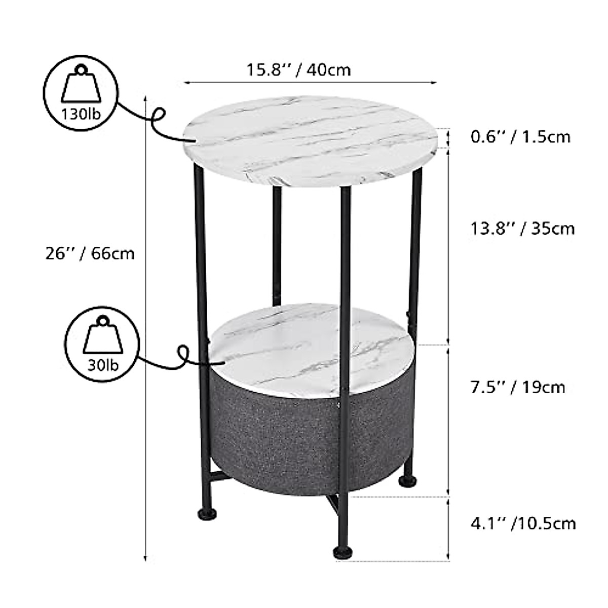 LEMONDA 26" High Marble White Round End Table with Storage,Small 2 Tiers Round Side Table with Basket for Living Room Bedroom,Round Sofa Table Nightstand Bedside Table for Small Spaces