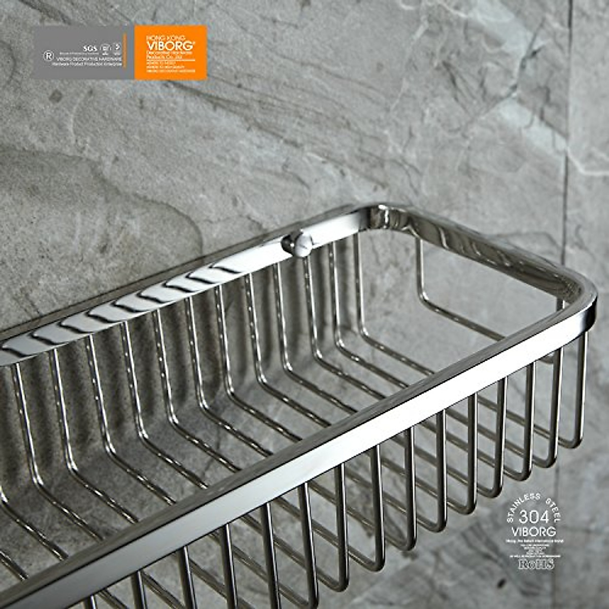 VIBORG Deluxe Solid Thick SUS304 Stainless Steel Wire Wall Mounted Single Tier Bathroom Rectangular Shower Basket Bath Caddy Shelf Organizer Storage Holder for Shampoo Conditioner Polished mirror-like