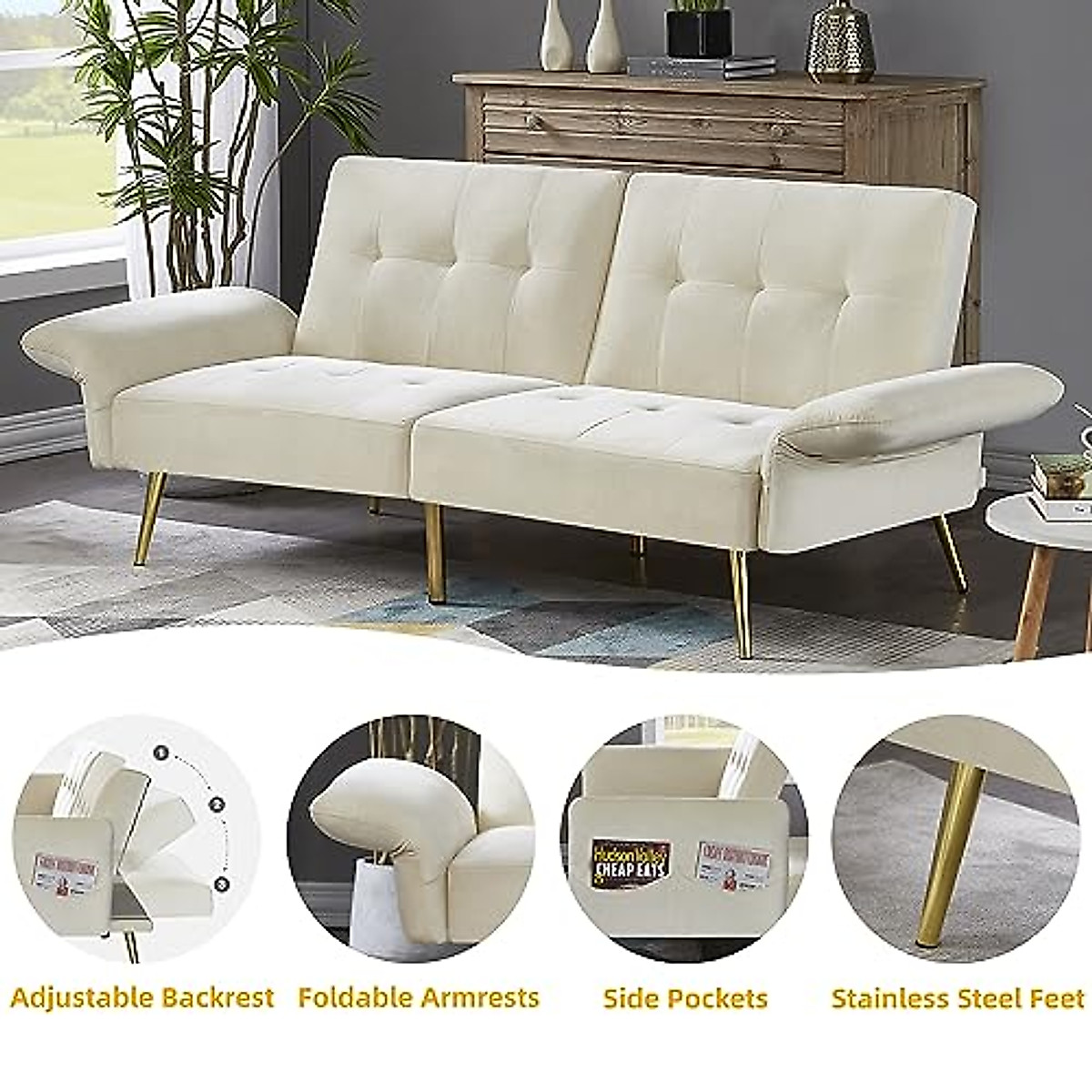 Anwick Velvet Convertible Futon Sofa Bed, Memory Foam Futon Couch Sleeper Sofa, 77.5''Modern Loveseat Sofa with Adjustable Backrest and Armrests for Home Living Room Office (Beige)