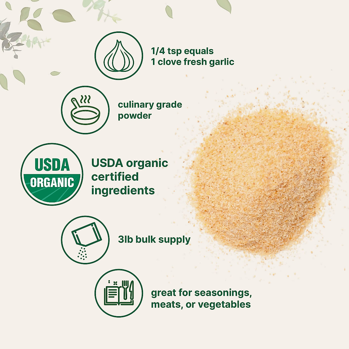 Organic Garlic Powder, 3lbs | Premium Source from Harvested Raw Allium Sativum Bulb |Culinary Grade | Great for Seasonings, Meats & Vegetables | Additive Free, Non-GMO, Bulk Supply