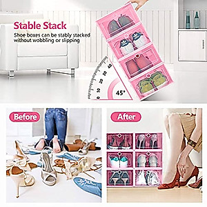 KPX 12 Pack Stackable Shoe Storage Organizer Plastic with Lid, Clear Shoe Boxes Drop Front, Shoe Containers Bins for Men’s Sneaker Women’s High Heels – Easy to Assemble (Pink)