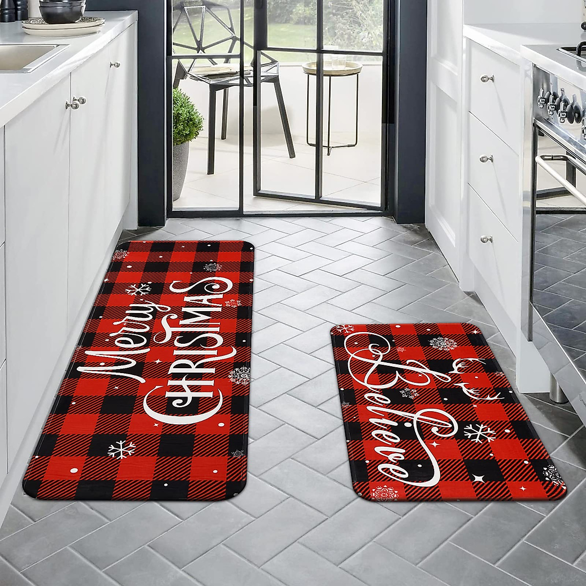 ASPMIZ 2 Pcs Christmas Buffalo Plaid Kitchen Rugs and Mats Set, Absorbent Winter Snowflake Kitchen Mat Cushioned Anti Fatigue, Xmas Decorative Area Rug Set of 2 Washable, 17'' x 47'' + 17'' x 30''