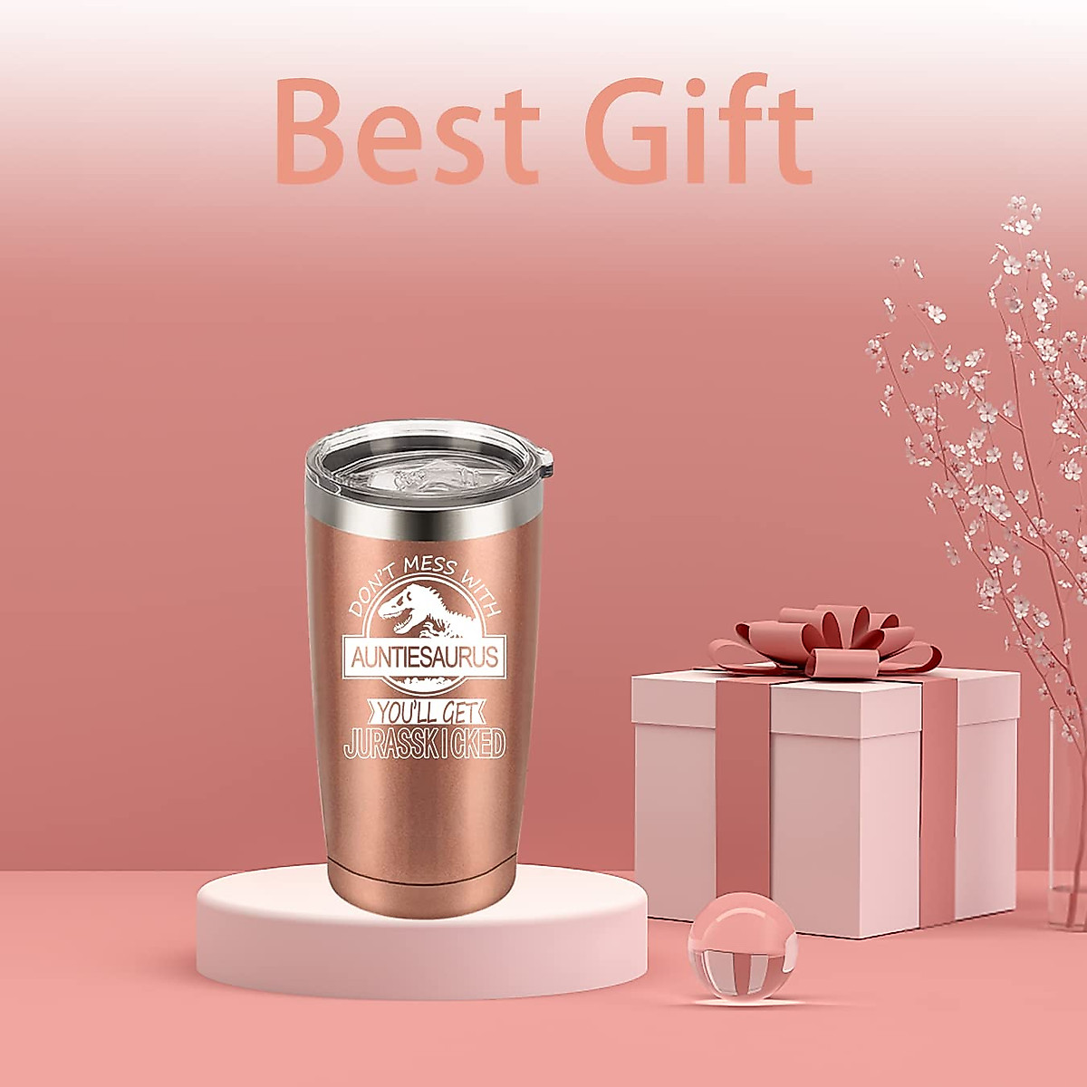 Auntiesaurus Tumbler Don't Mess with Auntiesaurus You'll Get Jurasskicked Travel Tumbler Birthday Mothers Day Gifts for Auntie Aunt from Nephew Niece Auntie Gifts with 2 Lids and Straws 20OZ Rose Gold