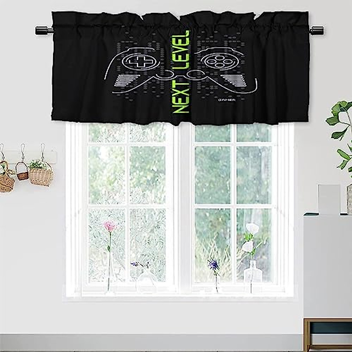 Abstract Boys Gamepad Rod Pocket Valance Curtains,Modern Digital Geometric Video Game Game Gamepad Window Treatments Valances for Kitchen Living Bathroom 54x18inch（2Pcs）
