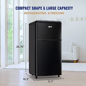 WANAI Mini Fridge Dual Door Refrigerator with Freezer, Compact Refrigerator with Adjustable Temperature & Removable Glass Shelves, Fridge for Apartment/Dorm/Office/Kitchen, Energy Saving, BLACK
