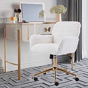 White Faux Fur Home Office Chair,Upholstered Elegant Desk Chair Makeup Vanity Chair for Girls,Swivel Desk Chair with Gold Base,Height Adjustable Tiltable Computer Chair,Cute Desk Chair for Kids