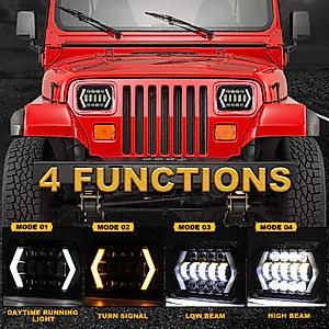 OVOTOR 7x6 inch Halo LED Headlights, 5x7 inch Square LED Headlamp with Arrow Angel Eyes DRL Turn Signal Light Replaces H6054 H5054 H6054LL 69822 Fit Trucks Wrangler XJ YJ Sedans GMC
