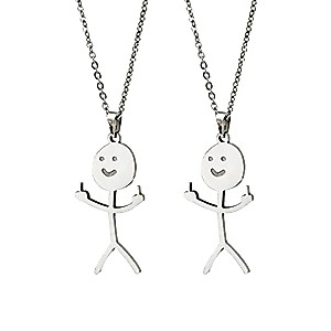 Stainless Steel Funny Doodle Necklace - Personalized Smiley Middle Finger Pendant Necklace, Unique Handmade Necklace Long Distance Friendship Jewelry Gift for Men Women (2pcs Silver)