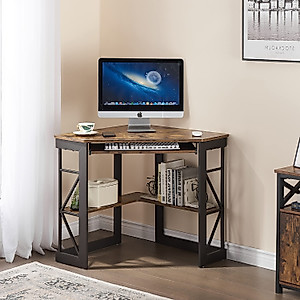 VECELO Corner Computer Desk 41 x 30 inches with Smooth Keyboard & Storage Shelves for Home Office Workstation, Antique Brown