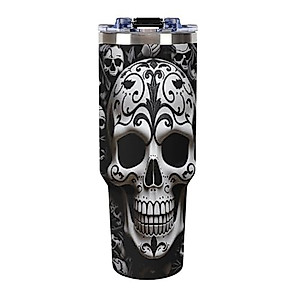 FZQVSGW Black And White Skulls 40 Oz Tumbler with Handle And Straw Stainless Steel Vacuum Insulated Tumblers Reusable Keep Drinks Cold Coffee Cup Holder Friendly Gifts for Women Men Car Gym Travel