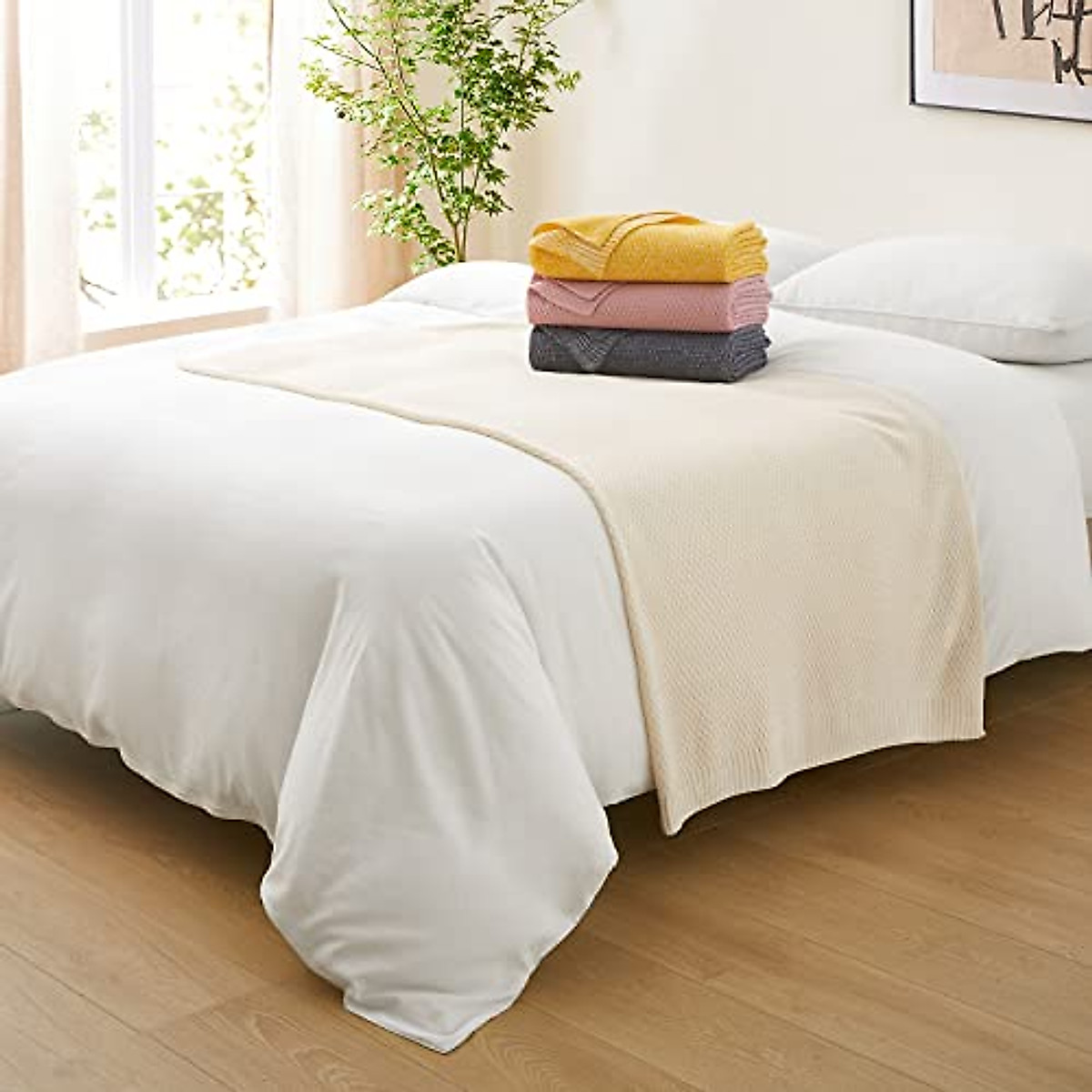 Eychei Acrylic Cable Knit Throw Blanket 50" x 60" Soft Cozy Knitted Throw Blanket, Lightweight Warm Decorative Sofa Knit Bed Blankets (Off White)