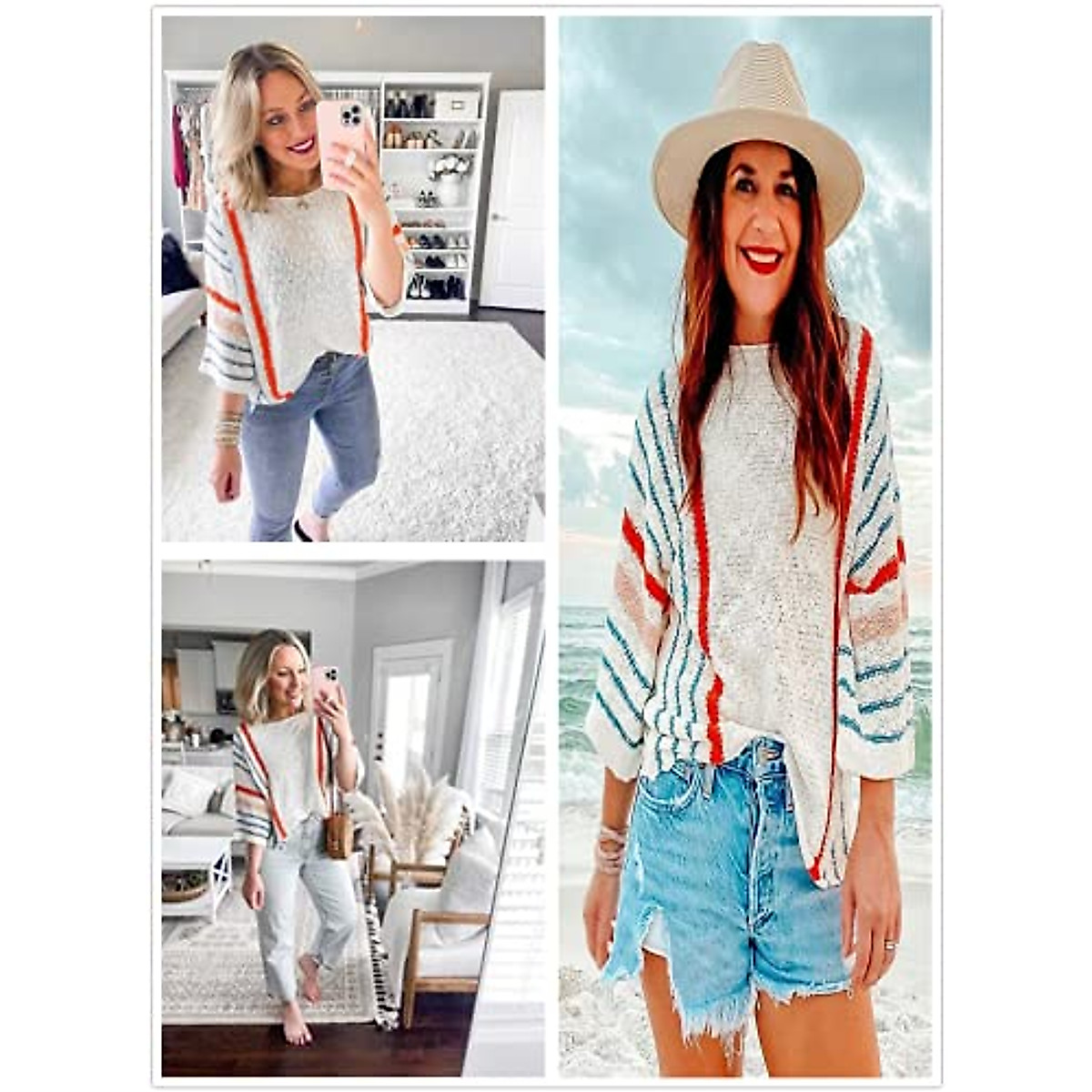 Dokotoo Womens Ladies Cute Casual Summer Fall 2023 Crewneck Color Block Striped Wide Bell 3/4 Sleeve Oversized Baggy Lightweight Comfy Cozy Cable Knit Beach Pullover Sweaters for Women Tops Shirts XL